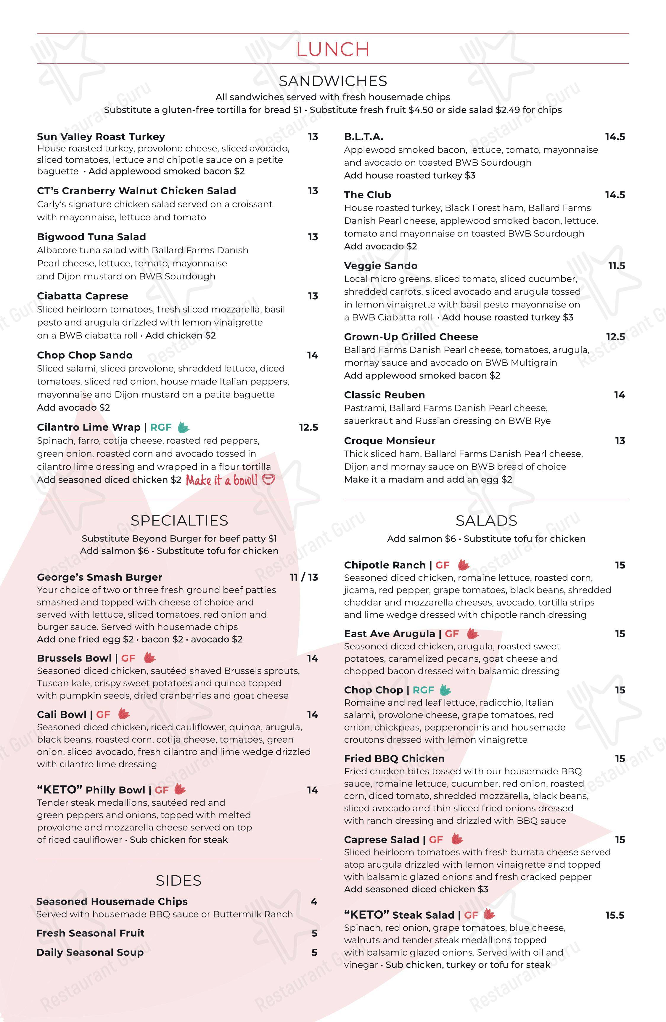 Menu at Wildflour Bakery, Garden City