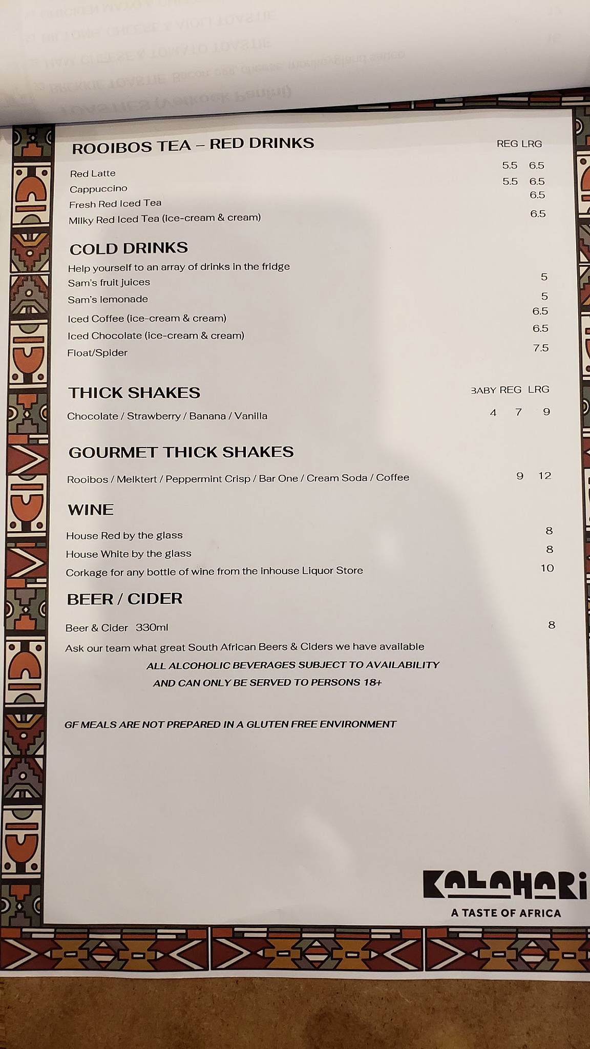 Menu at Kalahari A Taste of Africa restaurant, Willetton