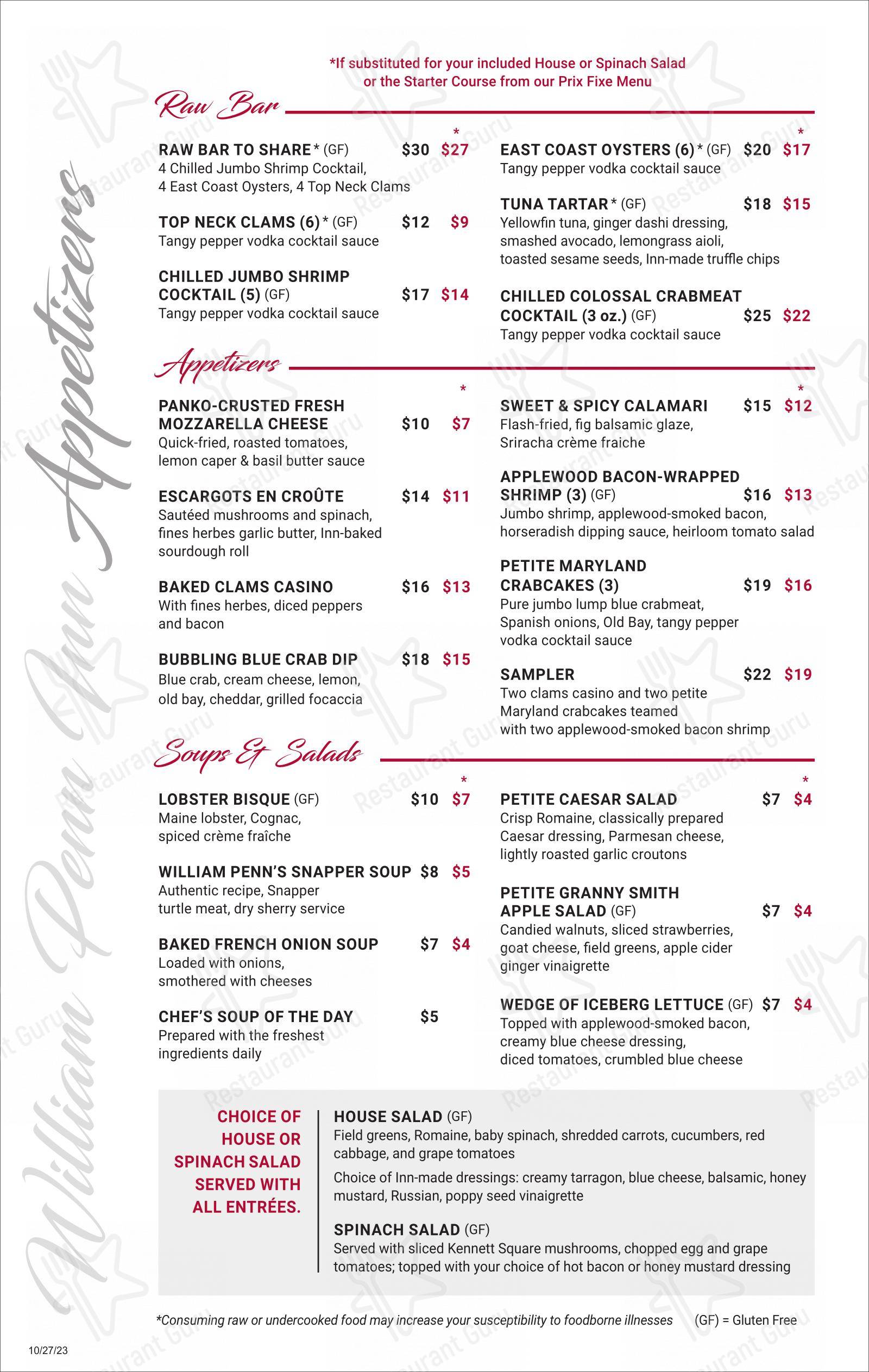 Menu at William Penn Inn restaurant, Gwynedd