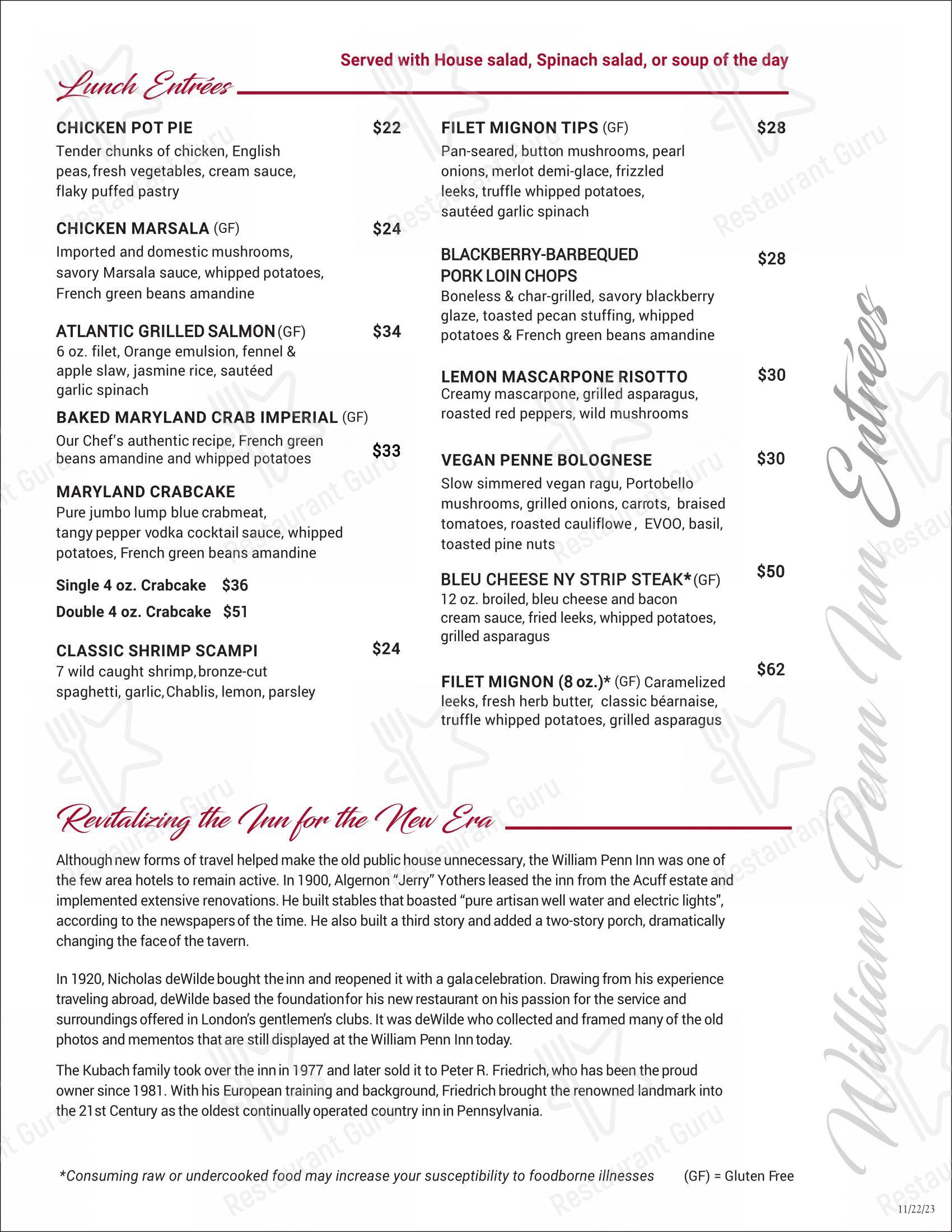 Menu at William Penn Inn restaurant, Gwynedd
