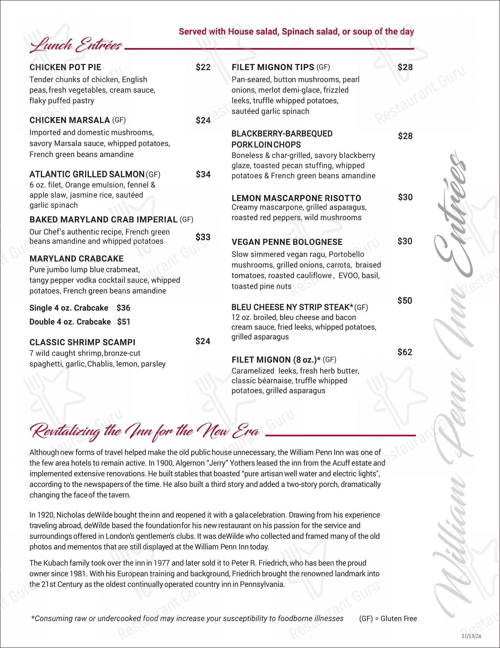 Menu at William Penn Inn restaurant, Gwynedd
