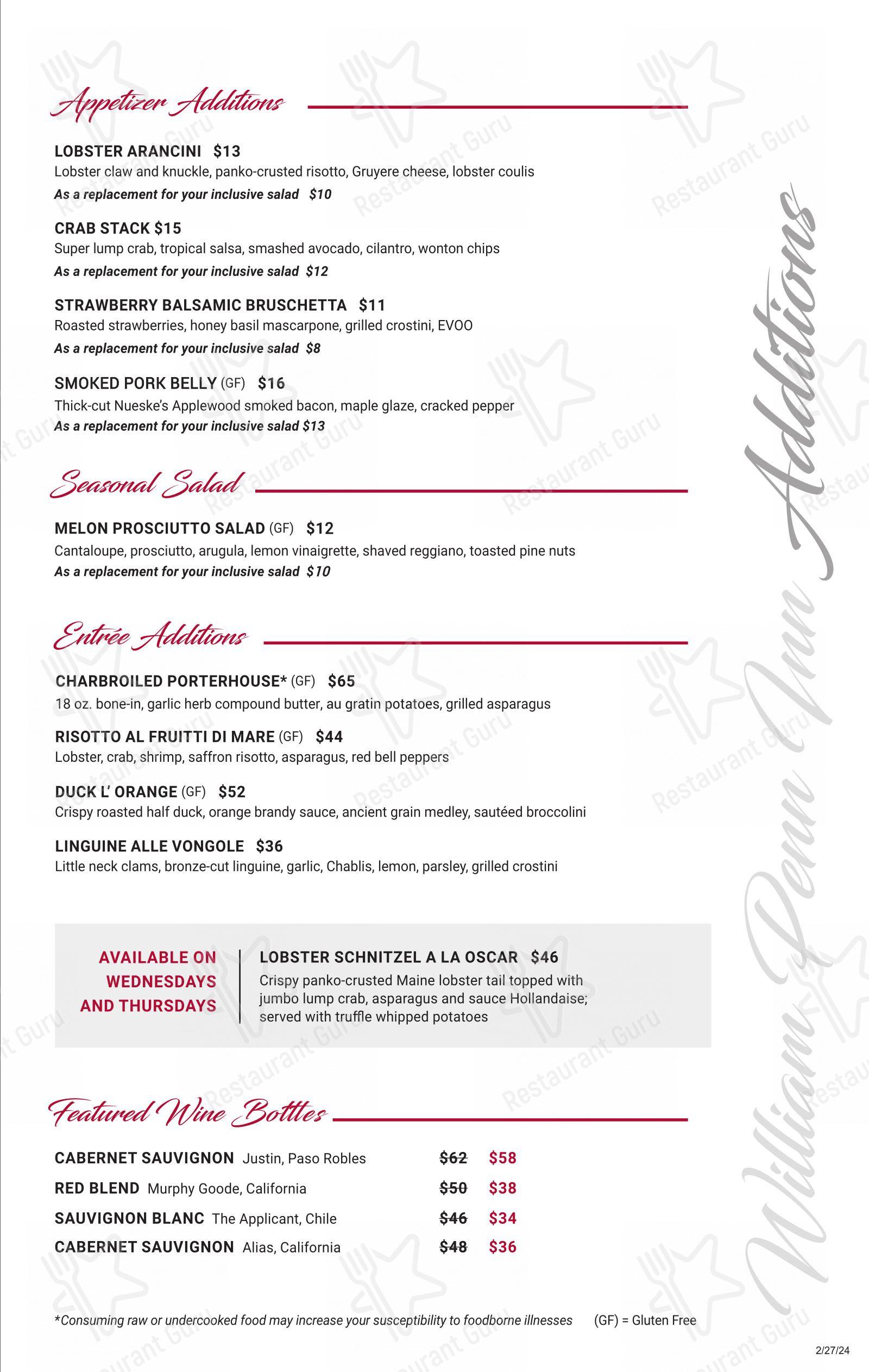 Menu at William Penn Inn restaurant, Gwynedd