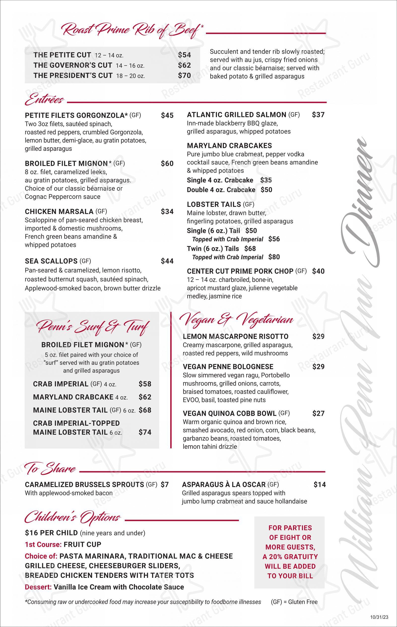 Menu at William Penn Inn restaurant, Gwynedd