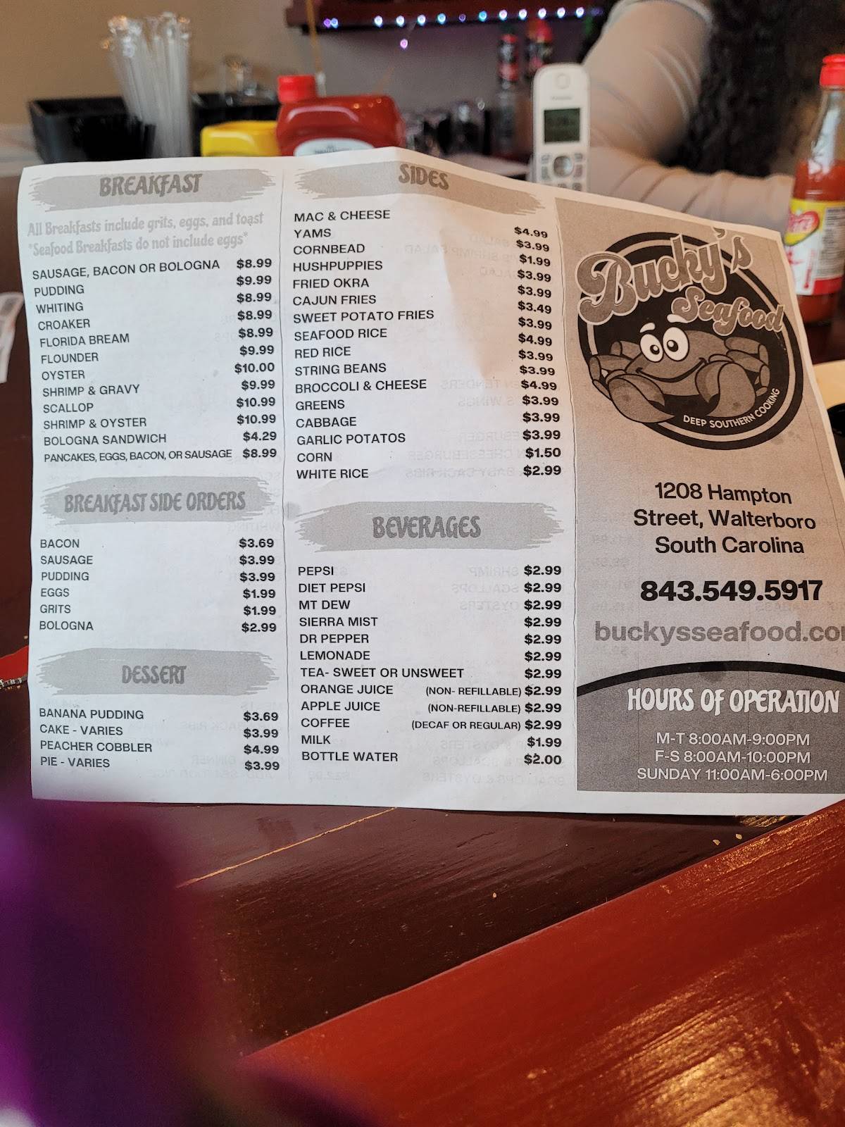 Menu at Williams Seafood restaurant, Walterboro