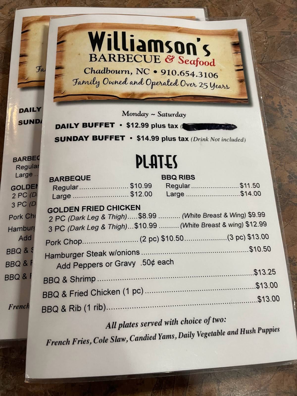 Menu at Williamson's Barbecue Restaurant, Chadbourn, N Brown St