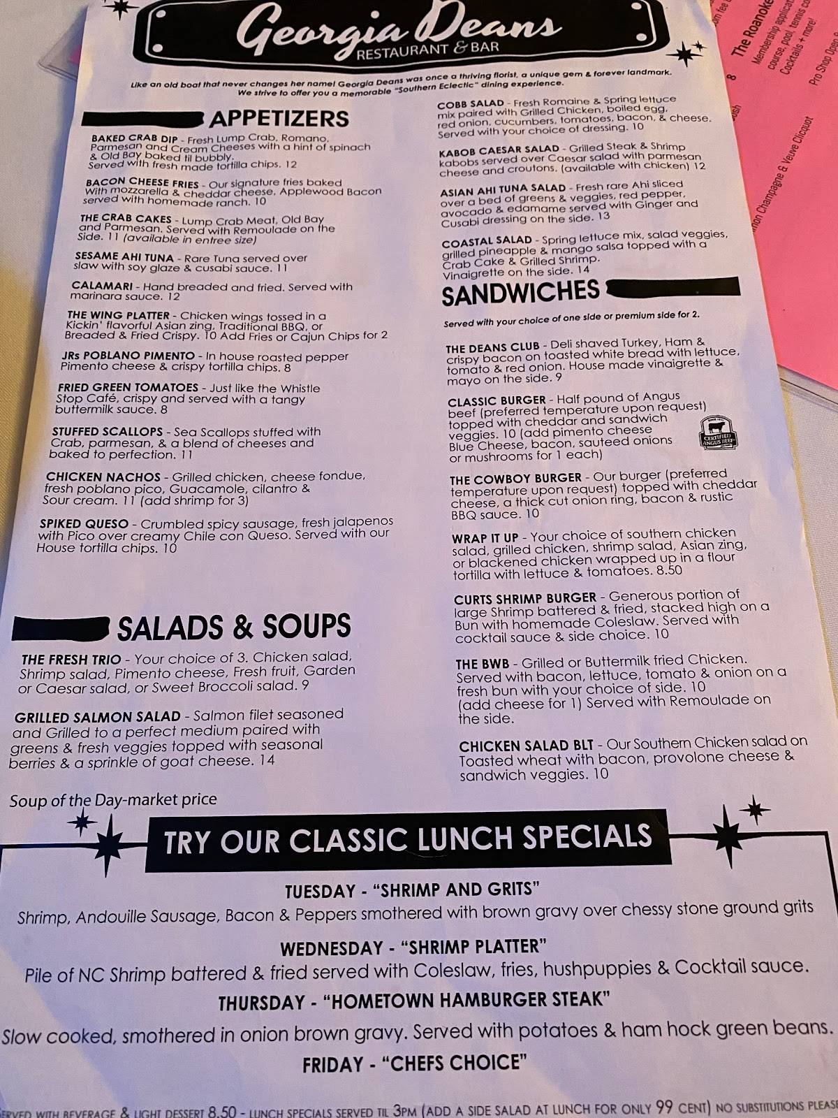 Menu at Georgia Deans restaurant & bar, Williamston