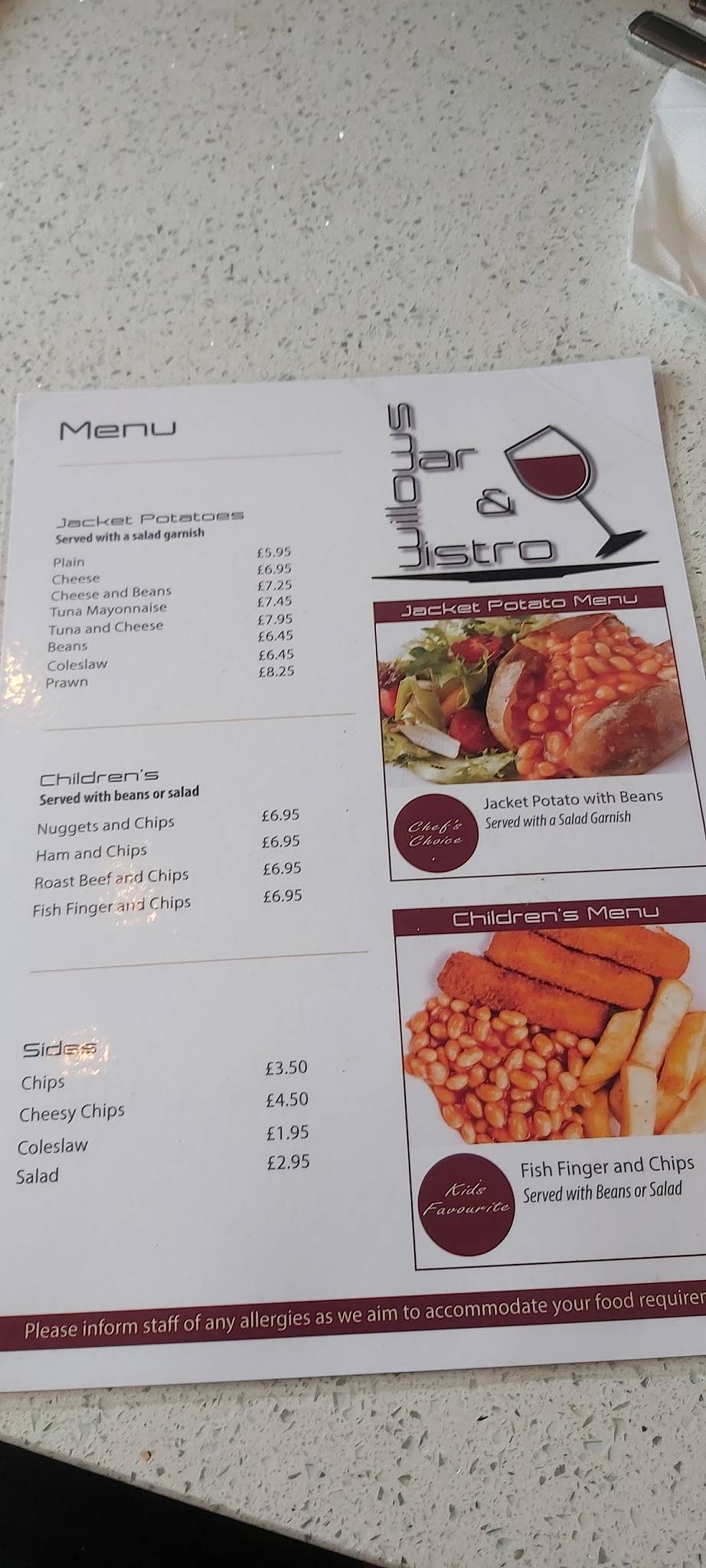 Menu at Willows Bar & Bistro, Filey
