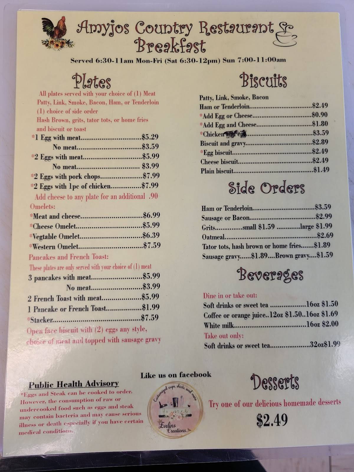 Menu at Amy Jo's Country Restaurant, Wilson, Nash St N