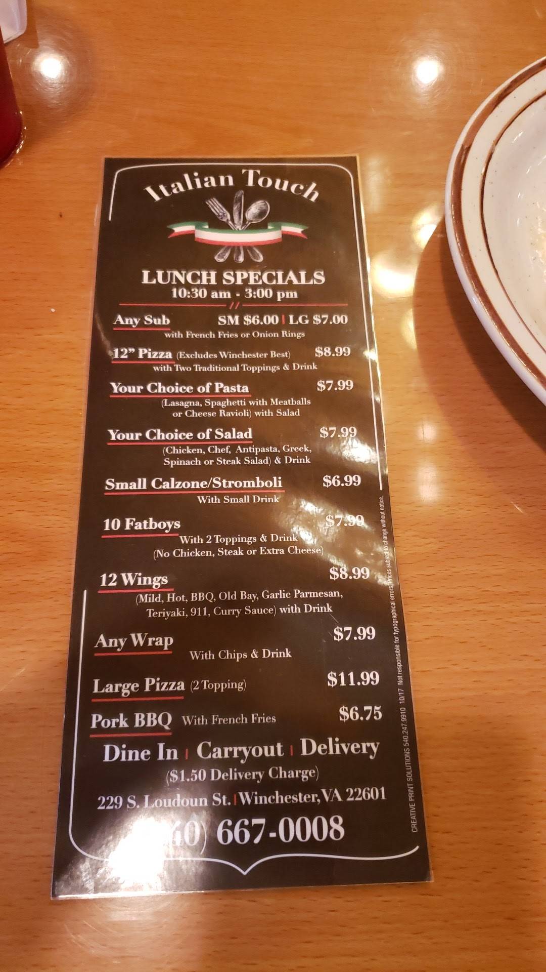 Menu at Italian Touch restaurant, Winchester