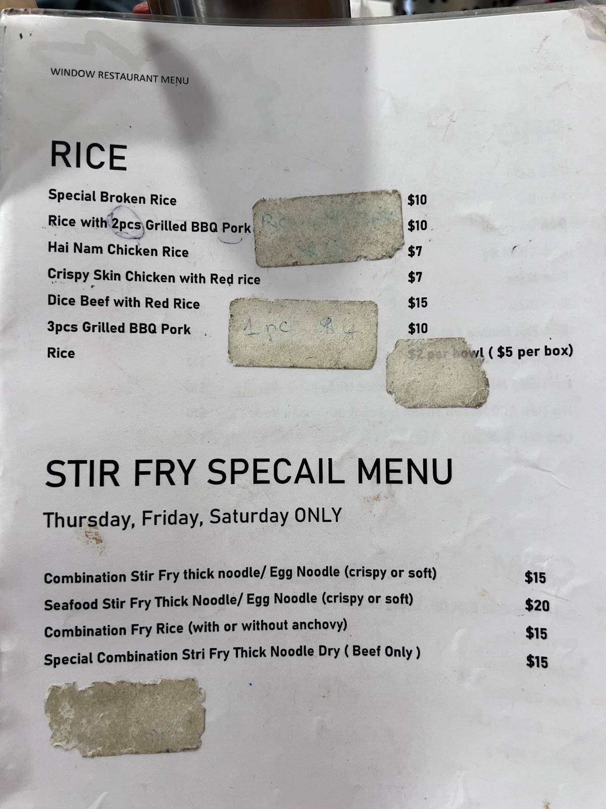 Menu at Window Restaurant, Springvale