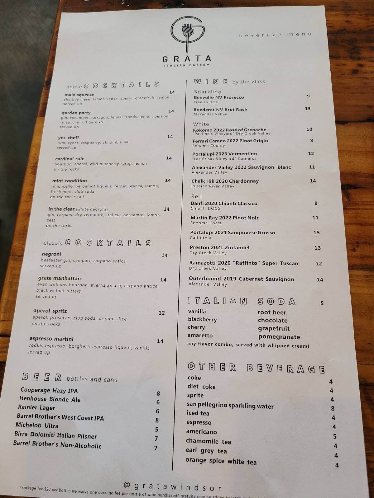 Menu at Grata Italian Eatery restaurant, Windsor