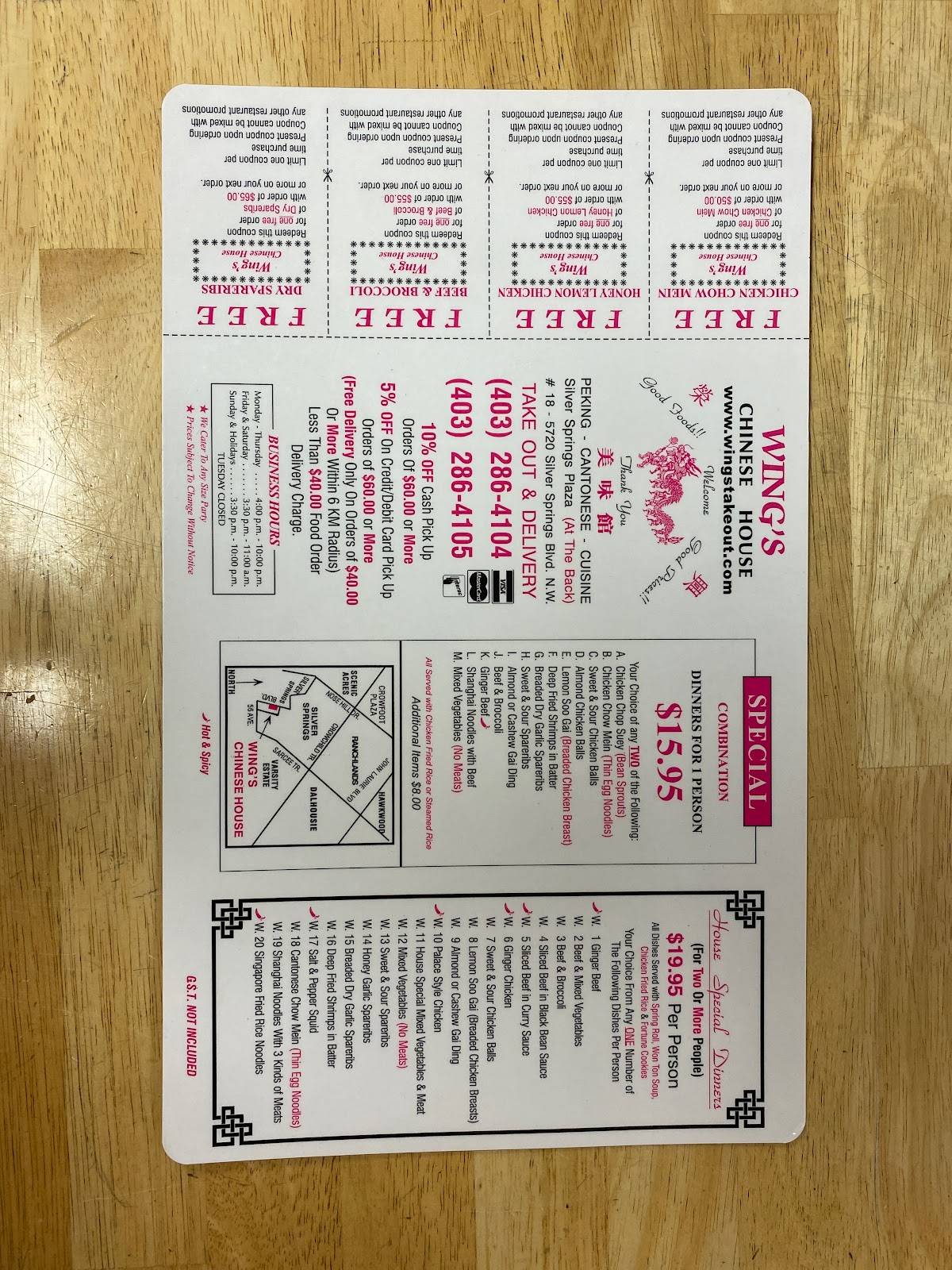 Menu at Wing's Chinese House restaurant, Calgary, 5720 Silver Springs ...