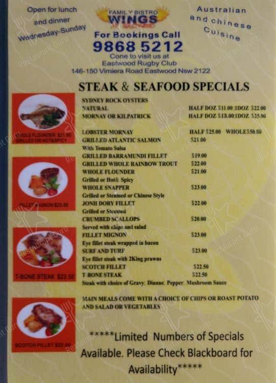 Menu at Wings, Marsfield