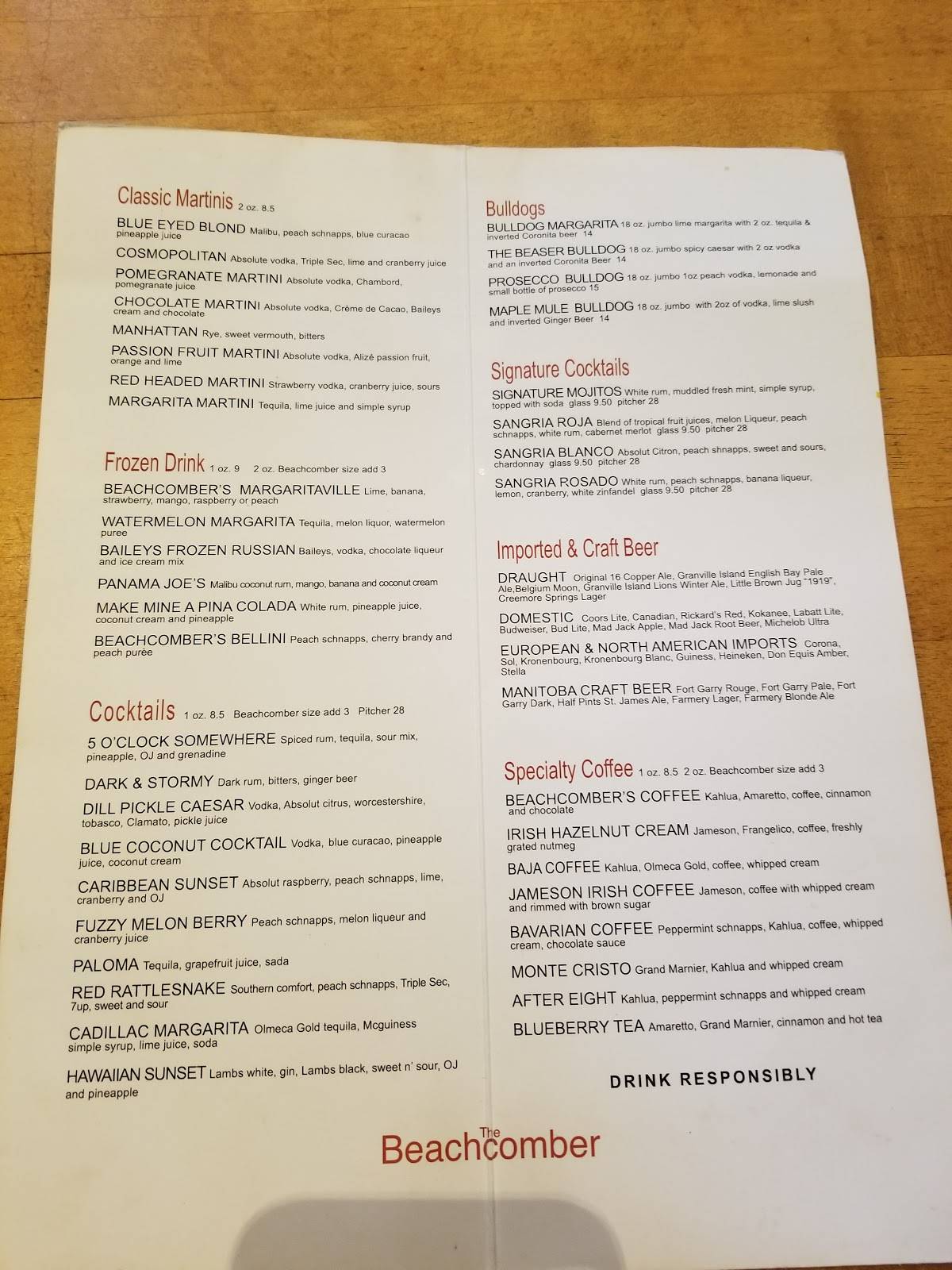 Menu at Beachcomber restaurant, Winnipeg