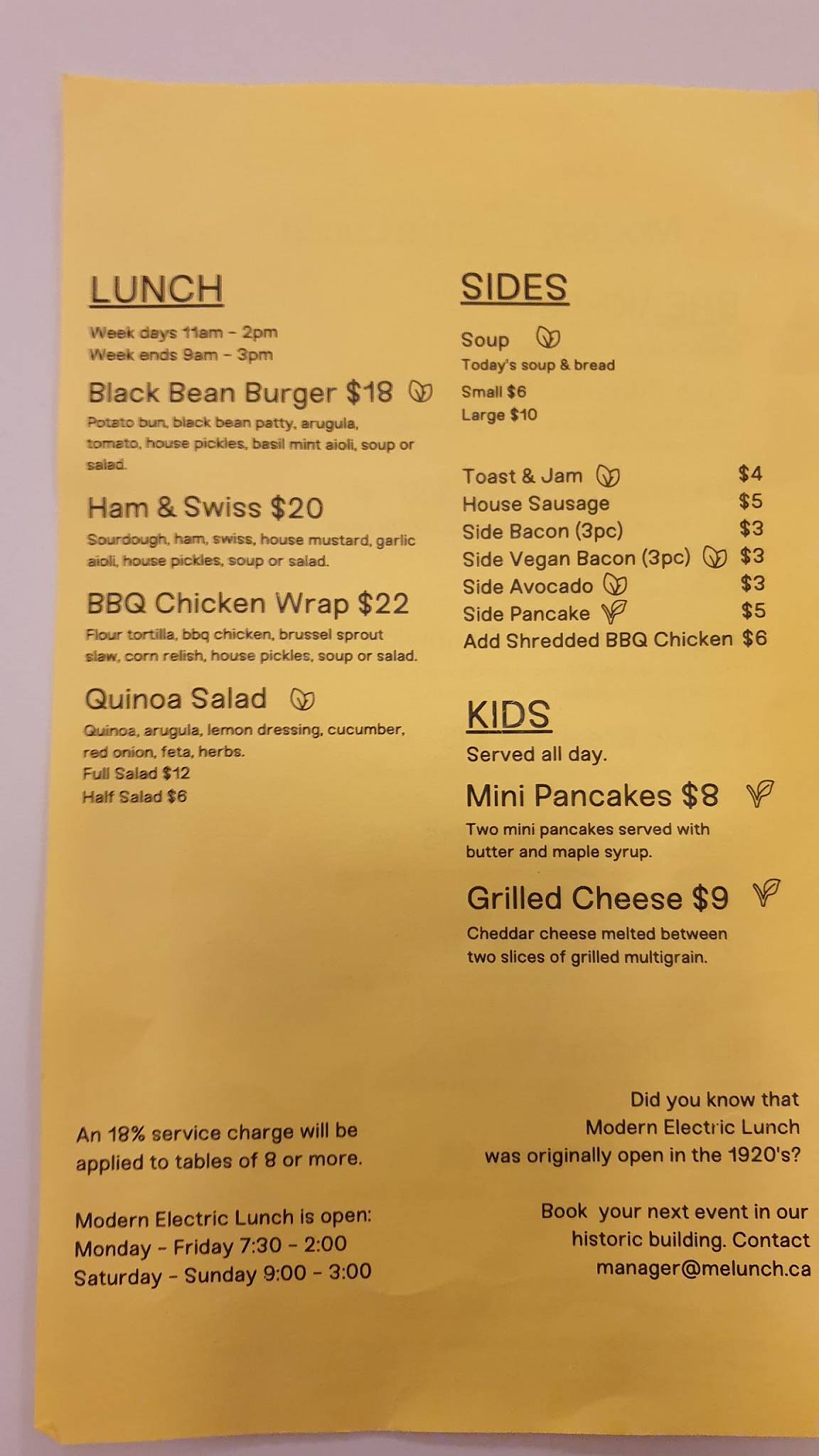 Menu au Modern Electric Lunch café, Winnipeg