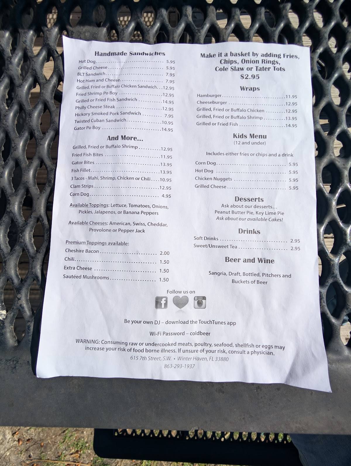 Menu at The Twisted Prop Bar & Grille, Winter Haven