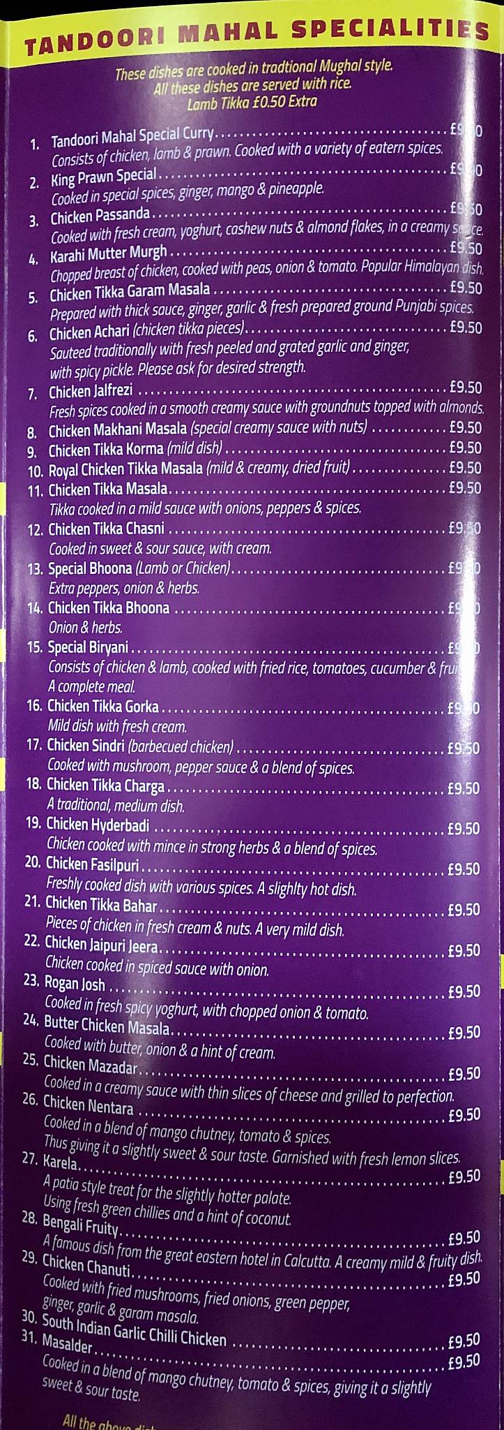Menu at Tandoori Mahal restaurant, Wishaw