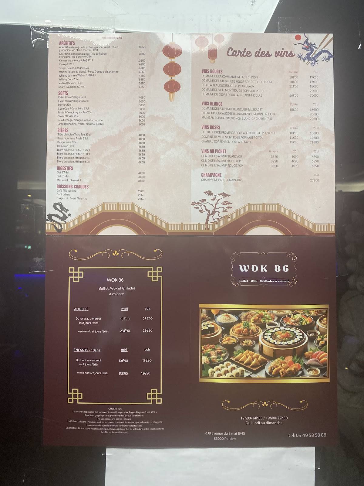 Menu au Wok 86 restaurant, Poitiers