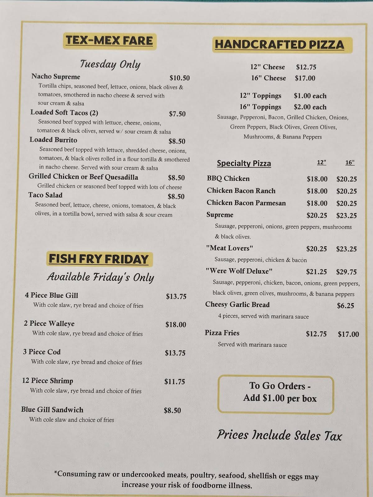 Menu at Wolves Den Bar & Grill, Manawa