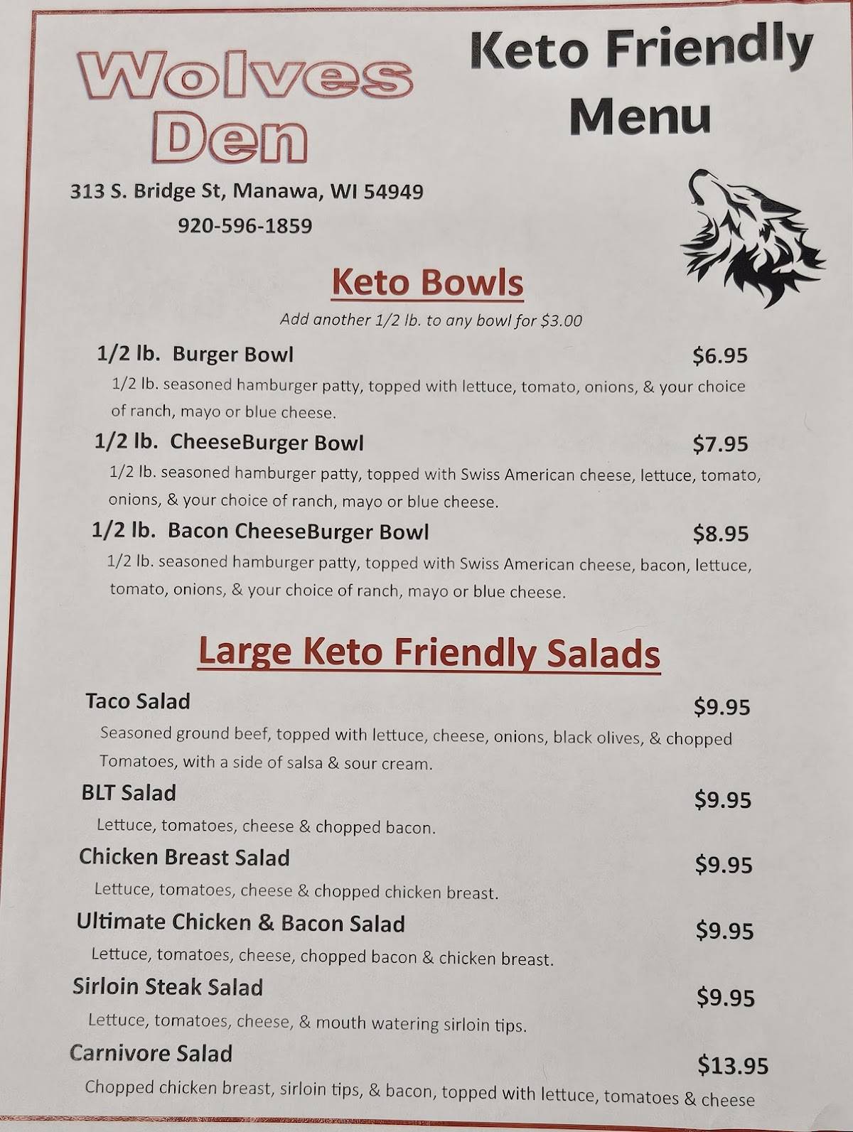 Menu at Wolves Den Bar & Grill, Manawa