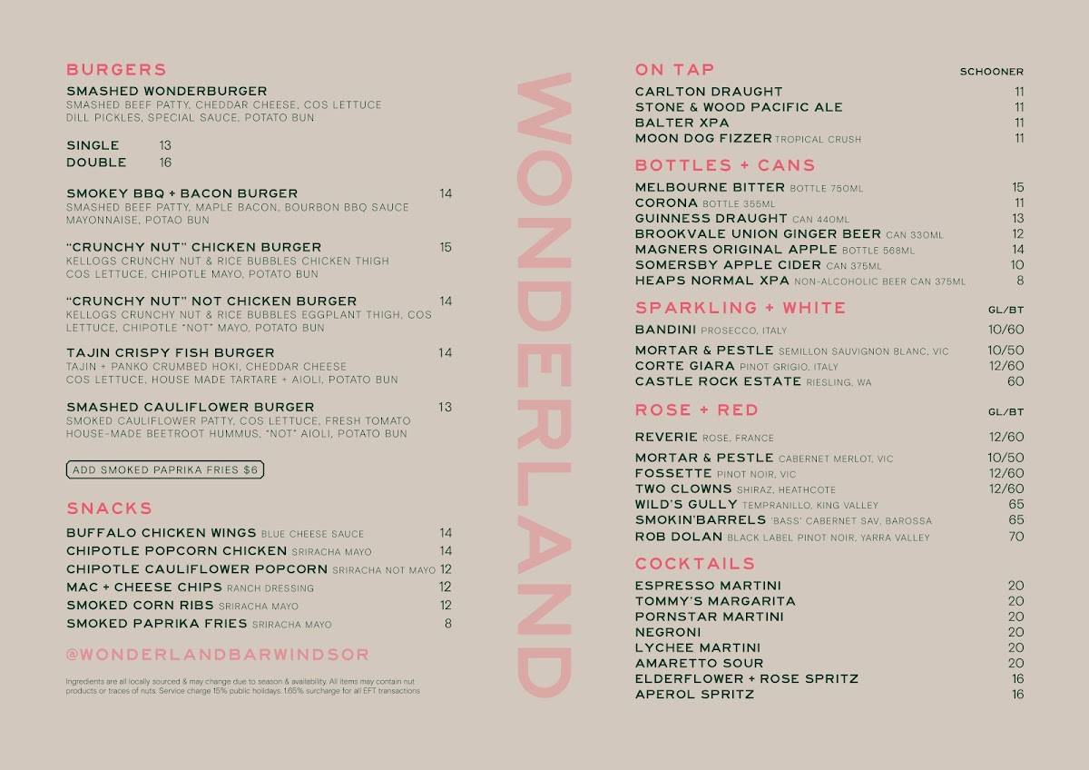Menu at Wonderland pub & bar, Windsor