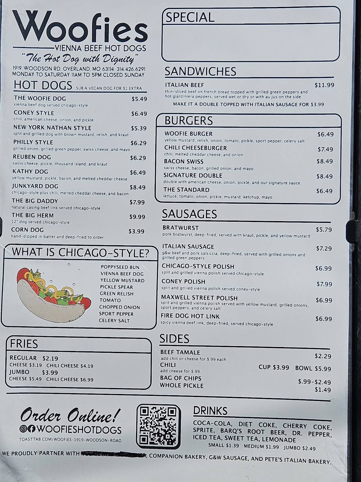 Menu at Woofies Hot Dogs restaurant, St. Louis