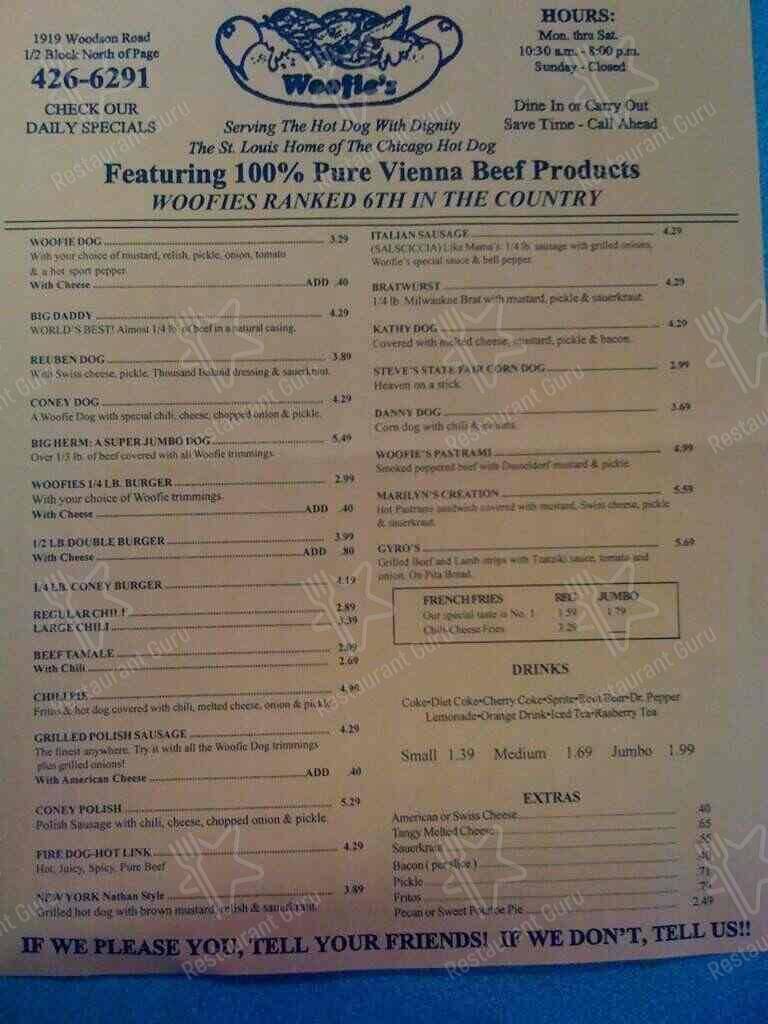 Menu at Woofies Hot Dogs restaurant, Overland