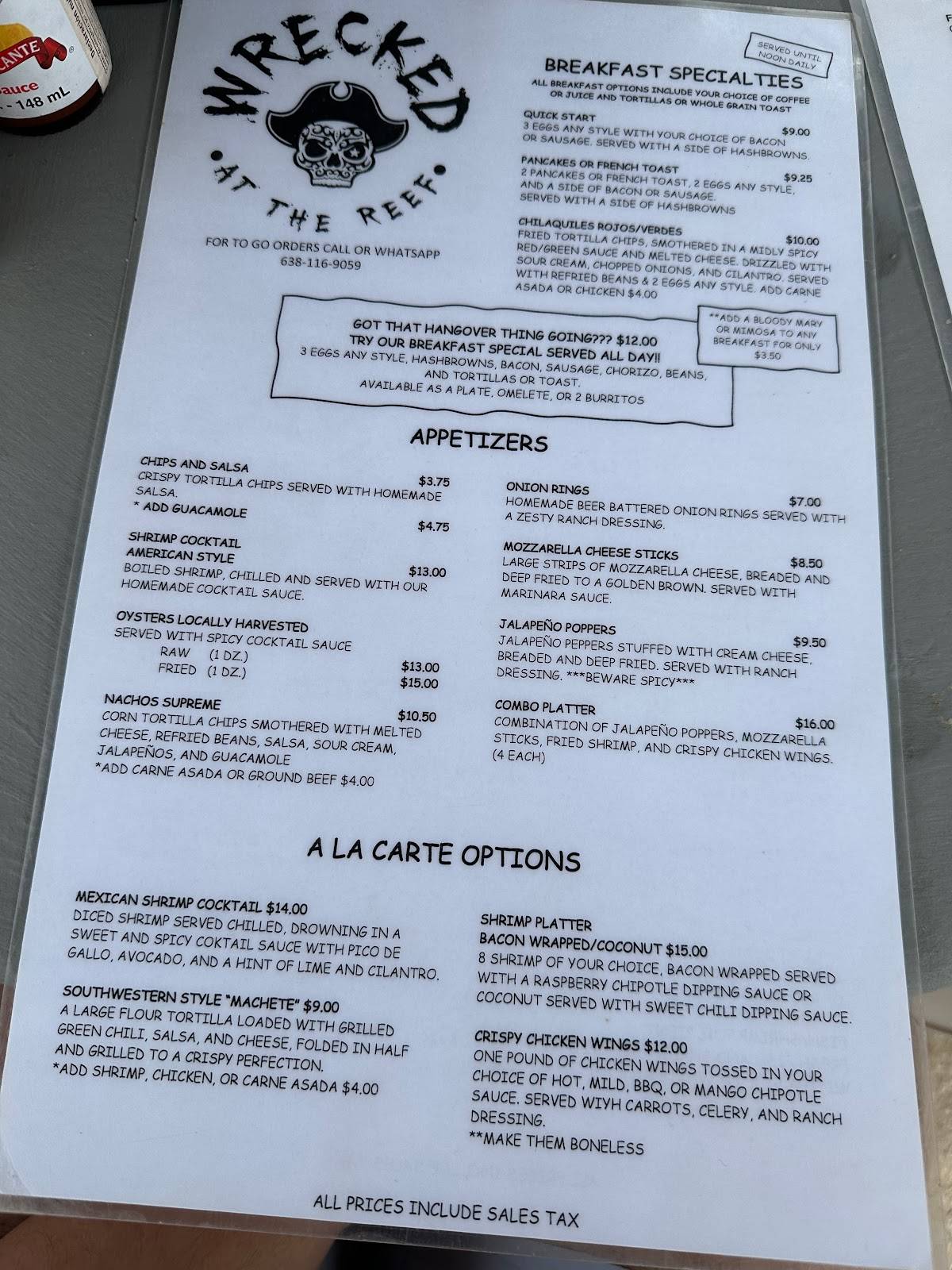 Menu at Wrecked at the Reef pub & bar, Puerto Peñasco