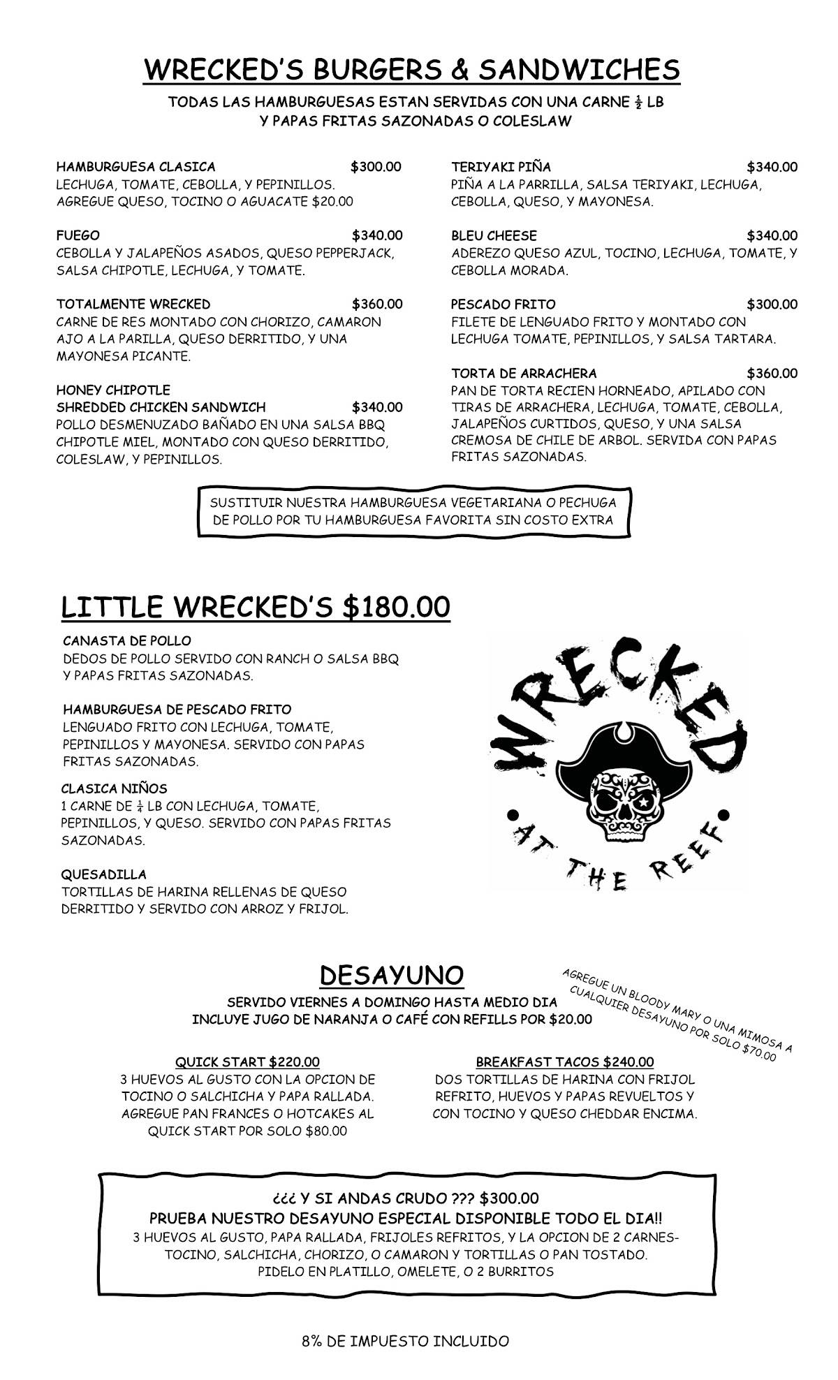 Menu at Wrecked at the Reef pub & bar, Puerto Peñasco