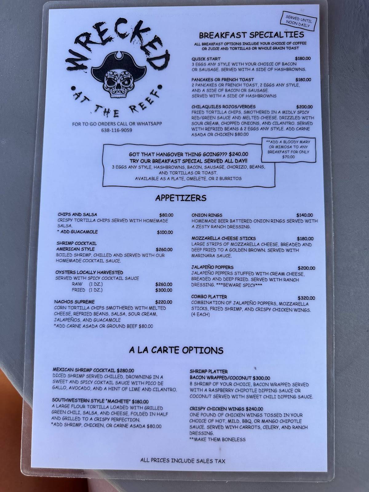 Menu at Wrecked at the Reef pub & bar, Puerto Peñasco