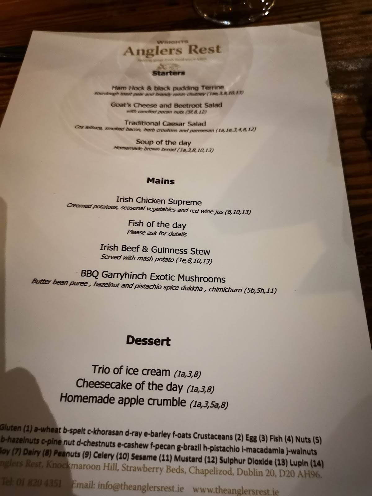 Menu at Wrights Anglers Rest pub & bar, Dublin, 20 Knockmaroon Hill