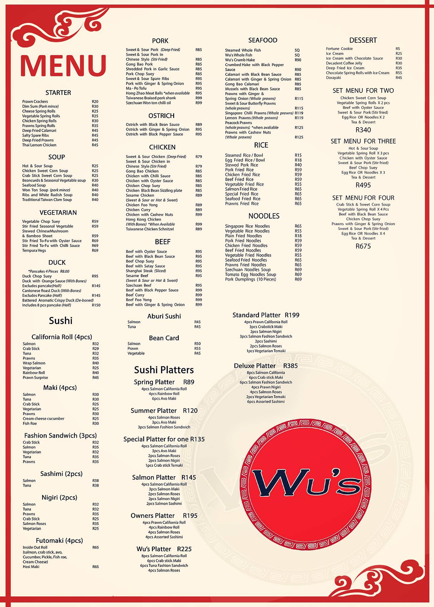 Speisekarte von Wu's Chinese & Sushi Mossel Bay restaurant, George