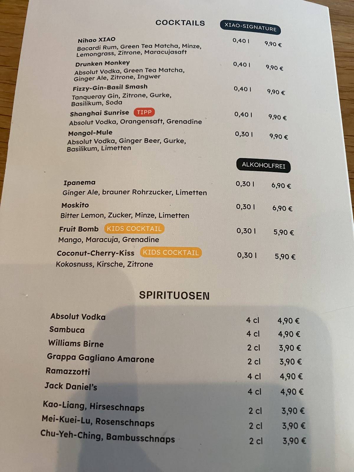 Speisekarte von XIAO Wuppertal restaurant, Wuppertal