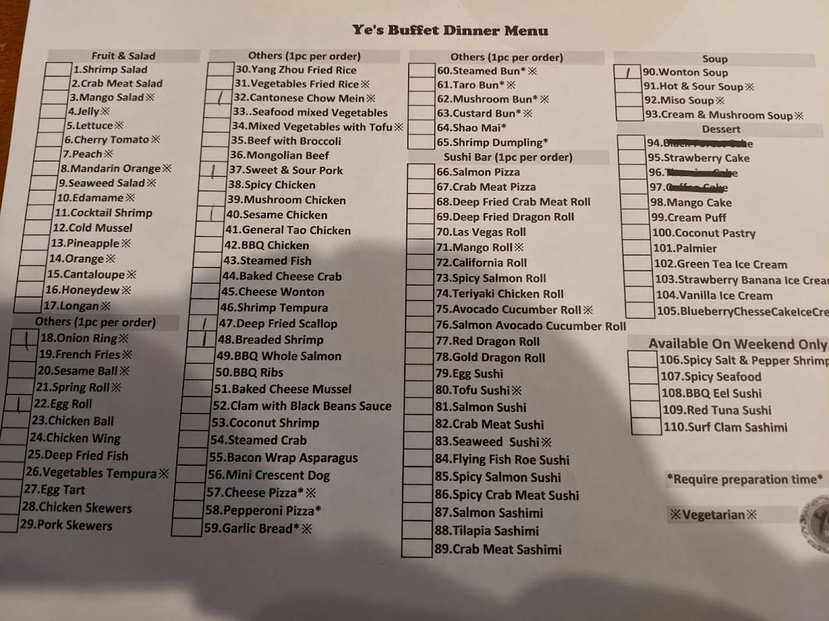 Menu at Ye's Buffet restaurant, Winnipeg
