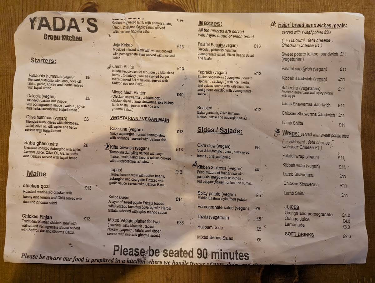 Menu at Yada’s Kitchen restaurant, London, 104 Rye Ln