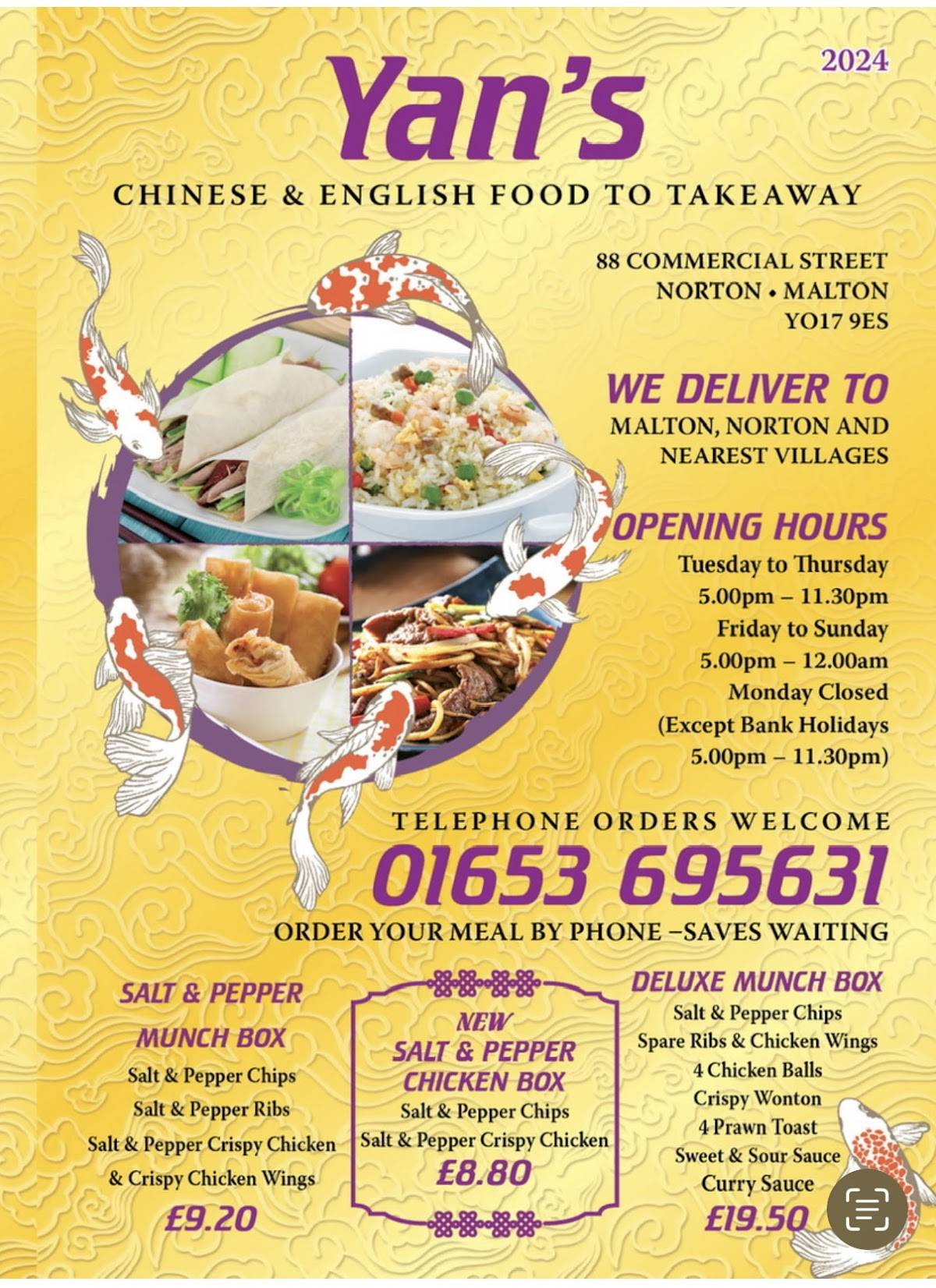Menu at Yan’s Chinese Takeaway fast food, Malton