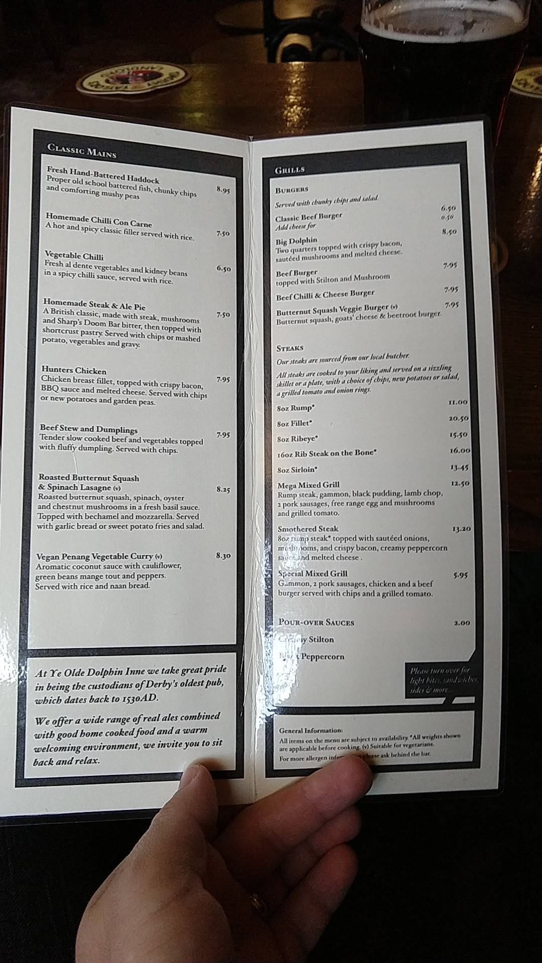 Menu at Ye Olde Dolphin Inne pub & bar, Derby, Ye Olde Dolphin Inn
