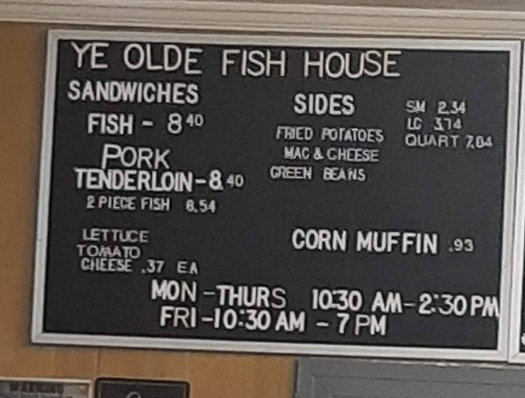 Menu at Ye Olde Fish House restaurant, Columbus