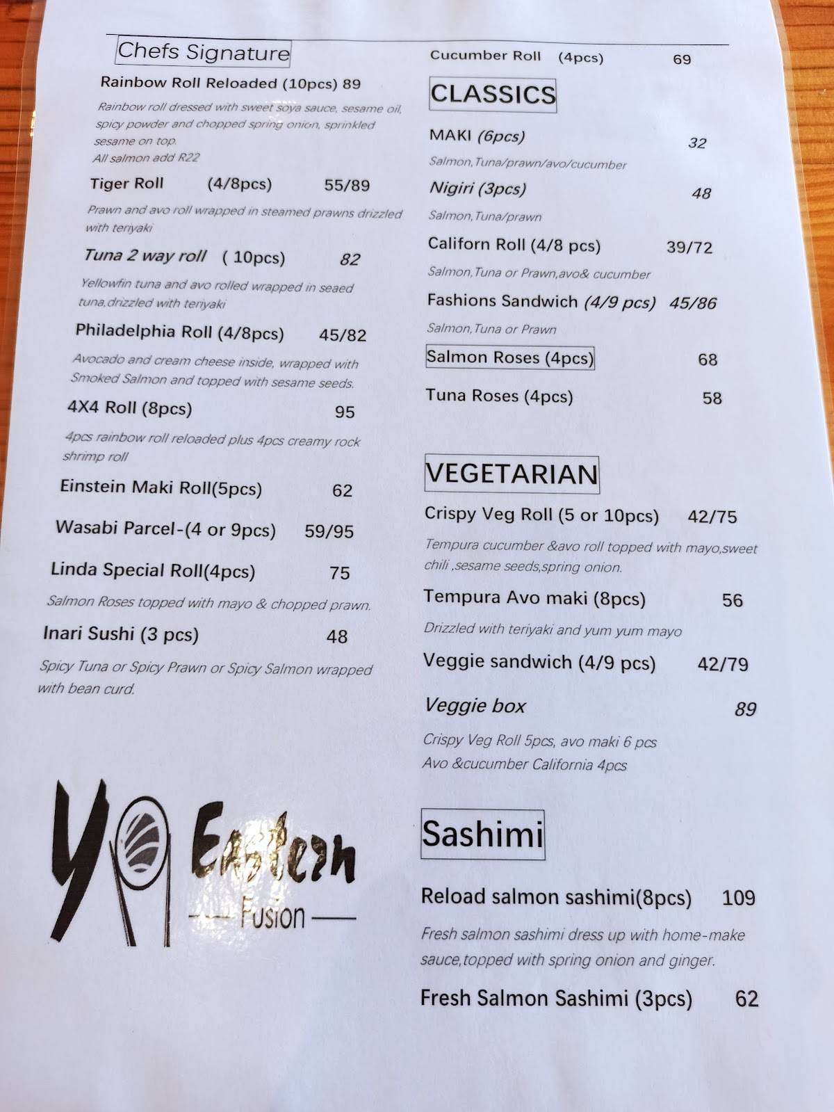Menu at Yo Eastern Fusion restaurant, Cape Town, shop centre