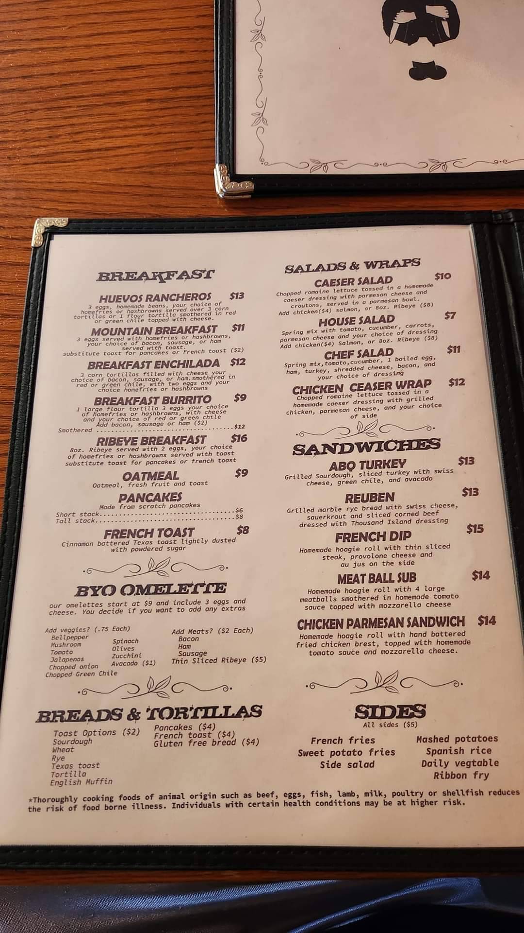 Menu at Yours, Mine & Ours restaurant, Cedar Crest