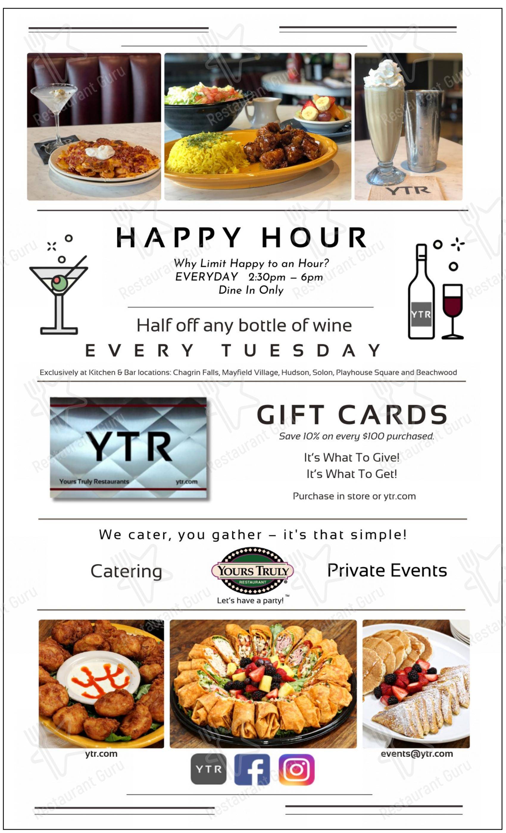 Menu at Yours Truly Rockside restaurant, Valley View, Rockside Rd