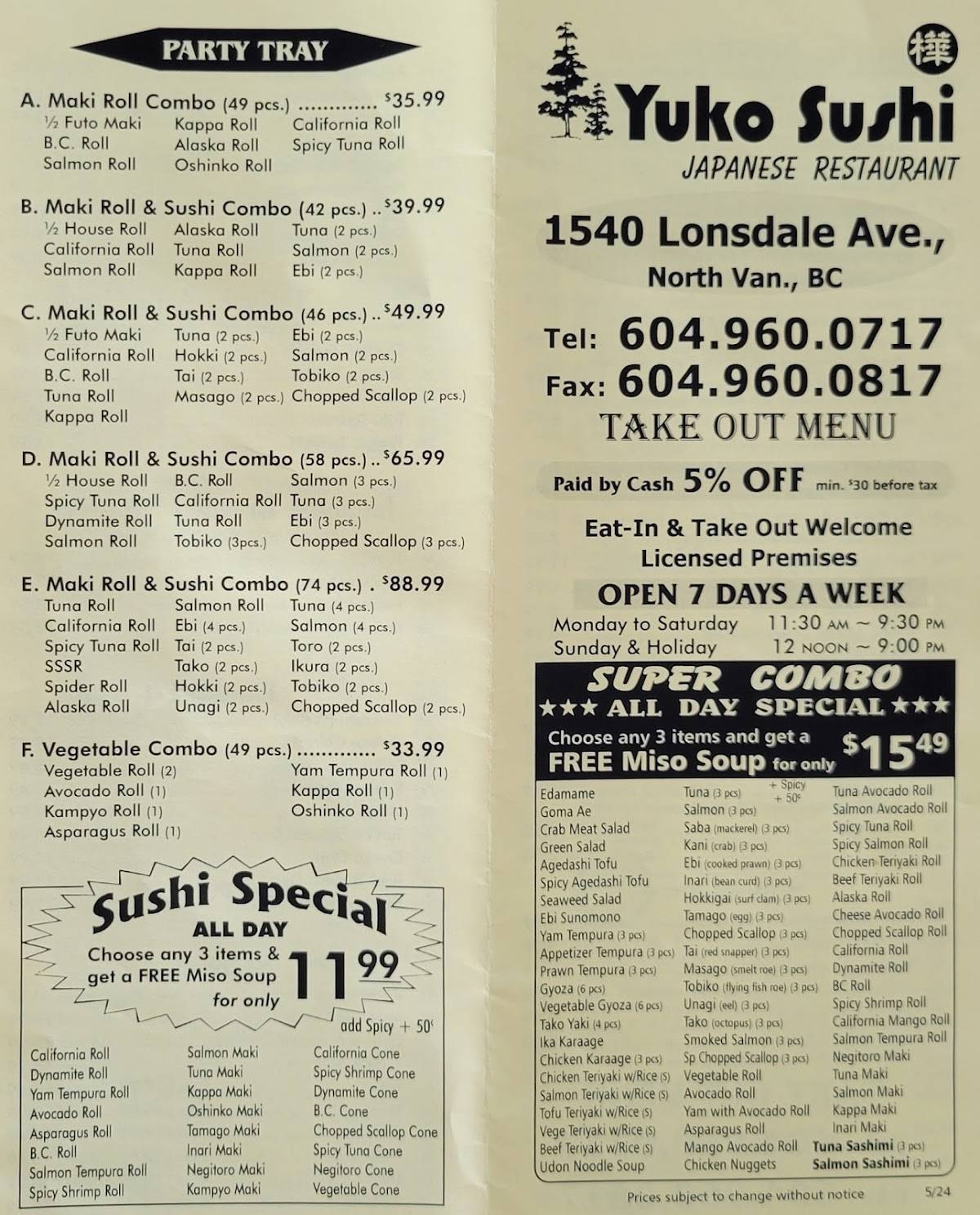 Menu at Yuko Maki restaurant, North Vancouver, Lonsdale Ave