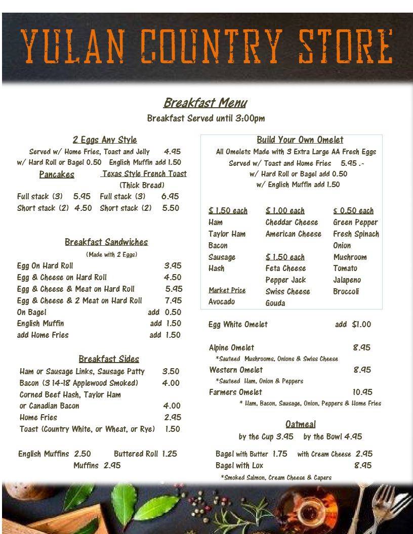 Menu at Yulan Country Store restaurant, Yulan