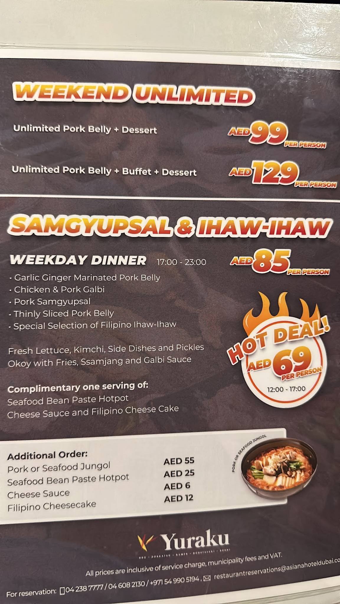 Menu at Yuraku restaurant, Dubai
