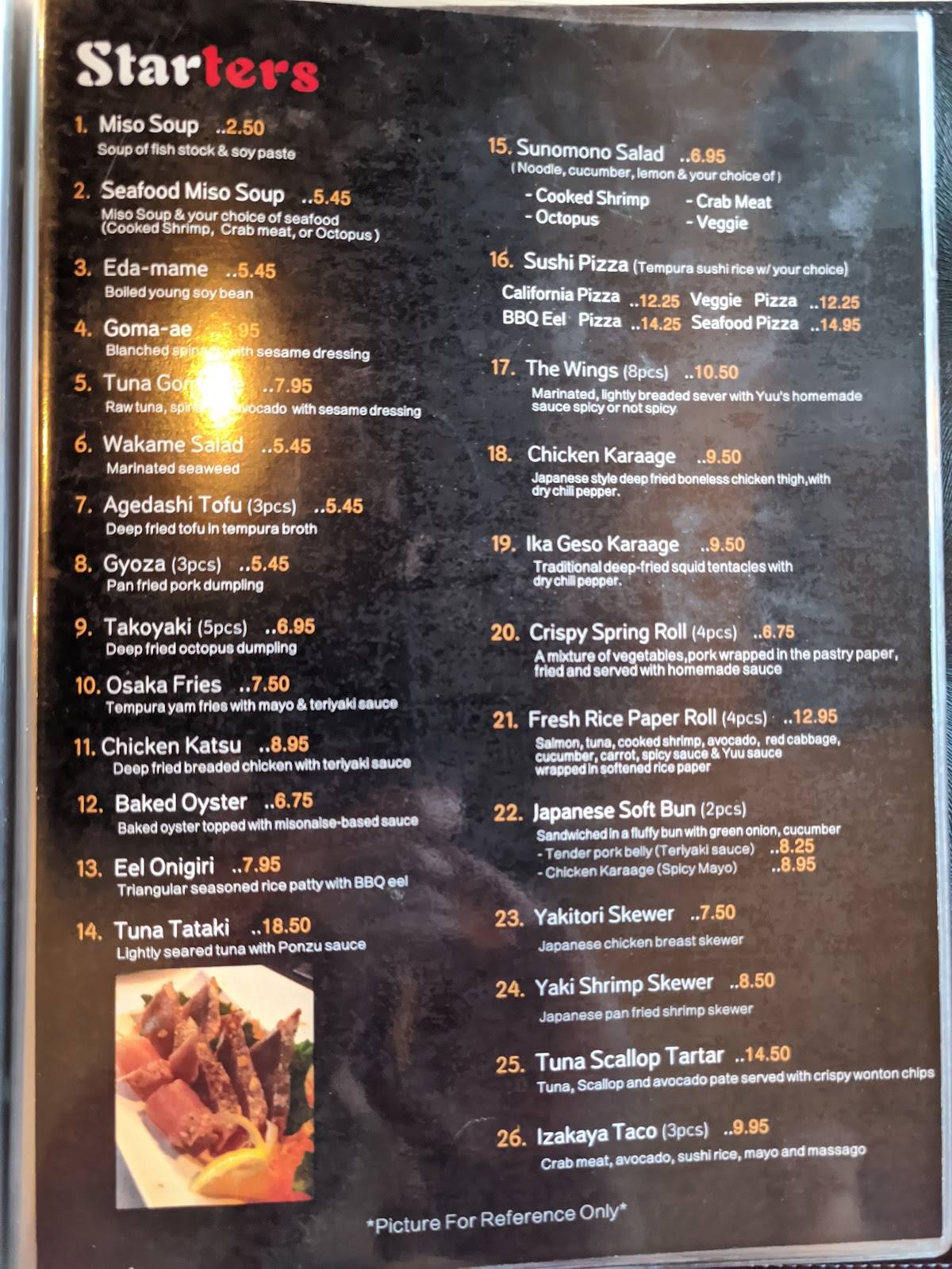 Menu at Yuu Izakaya restaurant, Winnipeg