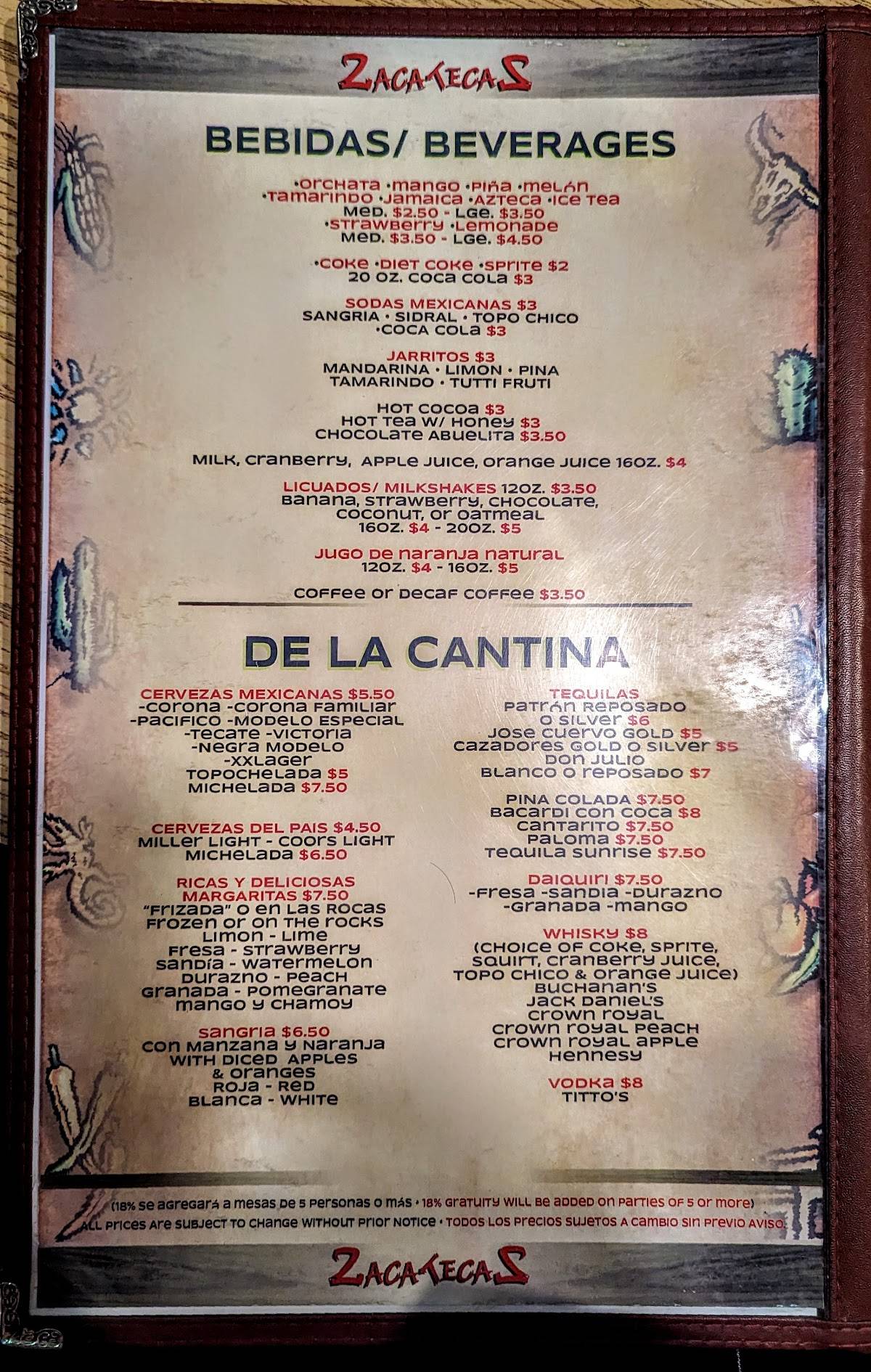 Menu at Zacatecas Mexican Restaurant, Franklin Park, Grand Ave