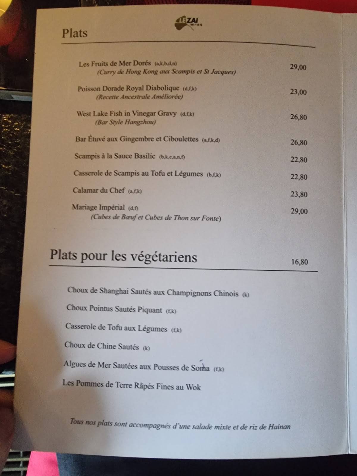 Menu au Zai (Le) restaurant, Strassen