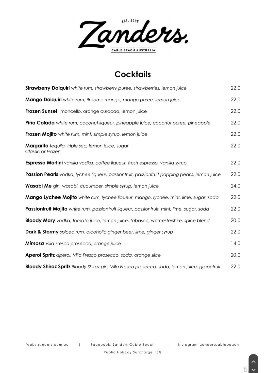 Menu at Cable Beach House restaurant, Broome