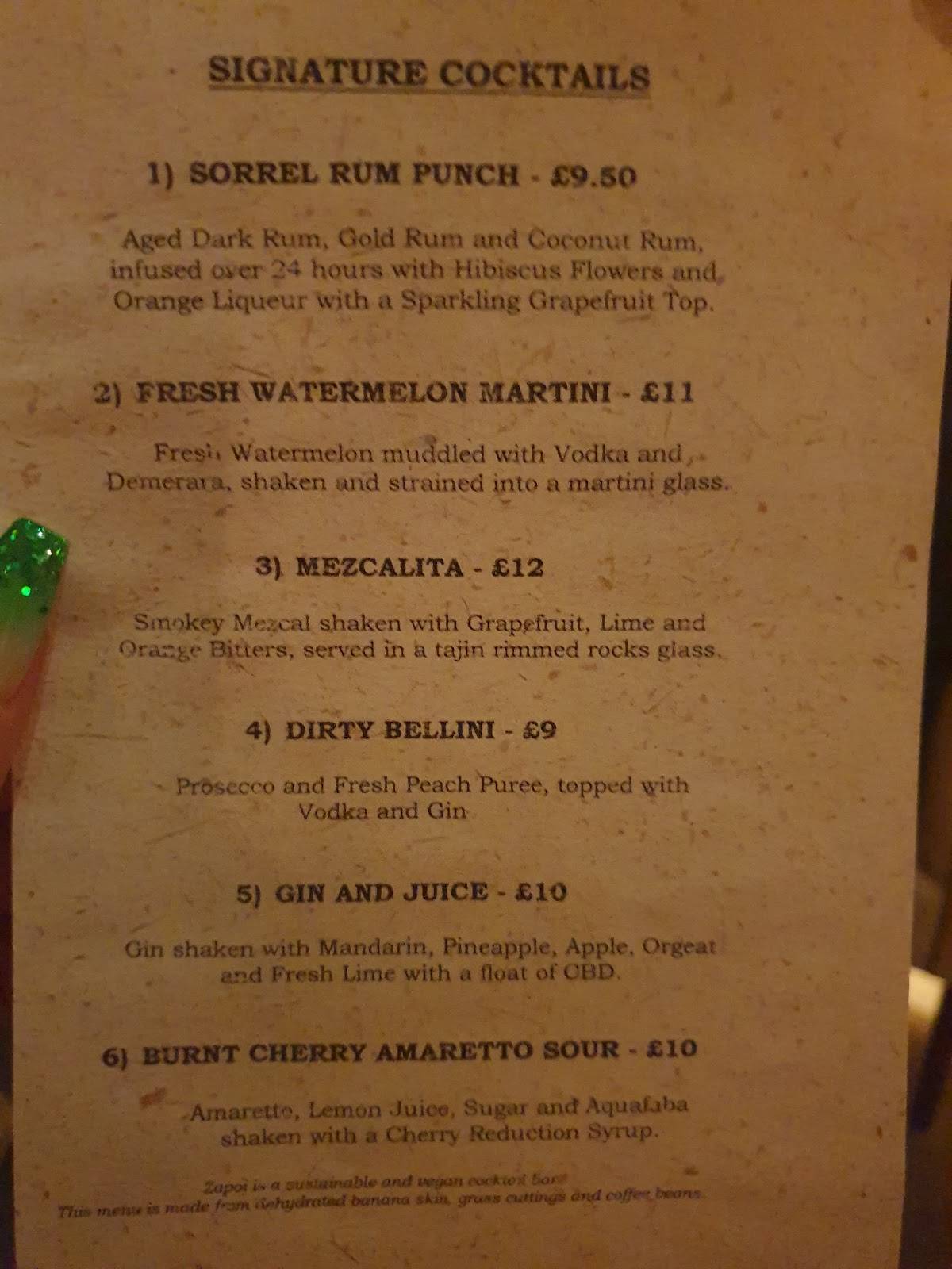 Menu at Zapoi pub & bar, London