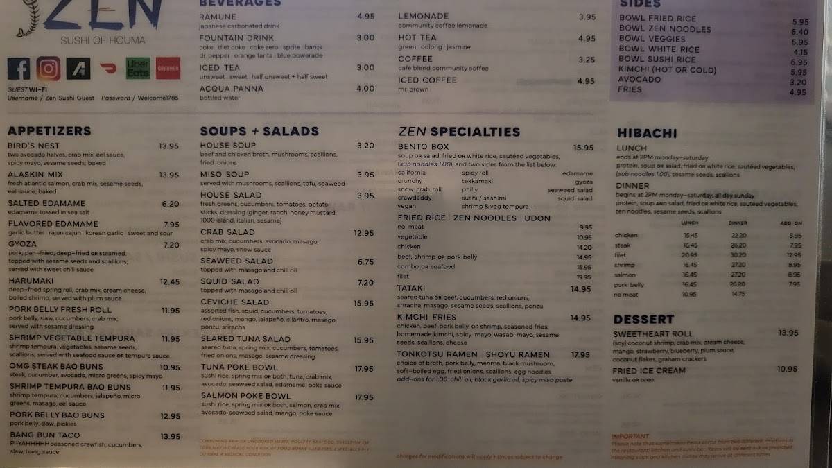Menu at Zen Japanese Grill & Sushi restaurant, Houma